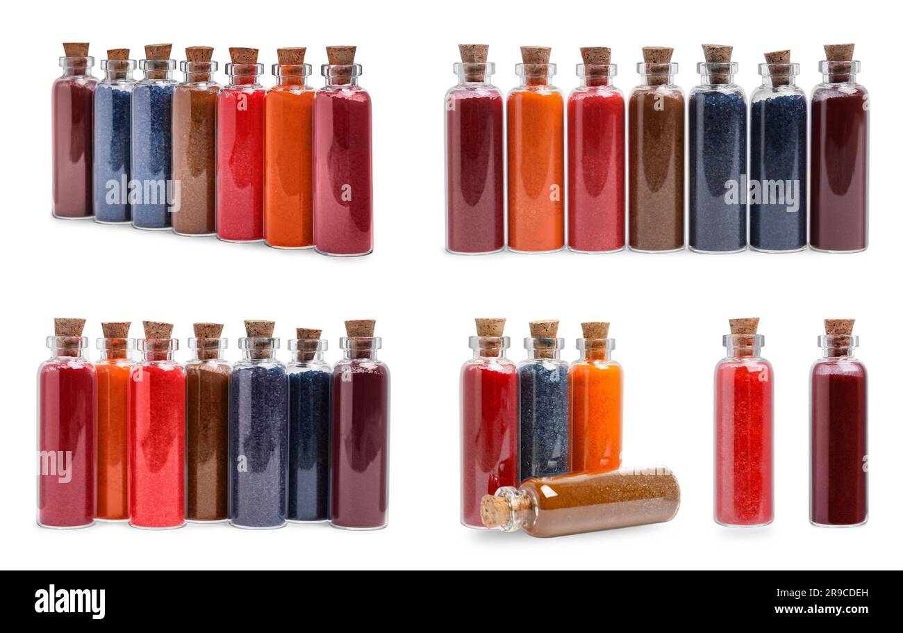 Many different powdered food coloring in bottles isolated on white ...