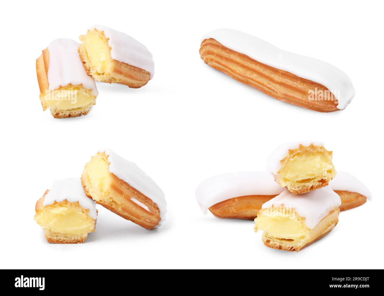 Collage with tasty glazed eclairs on white background Stock Photo - Alamy