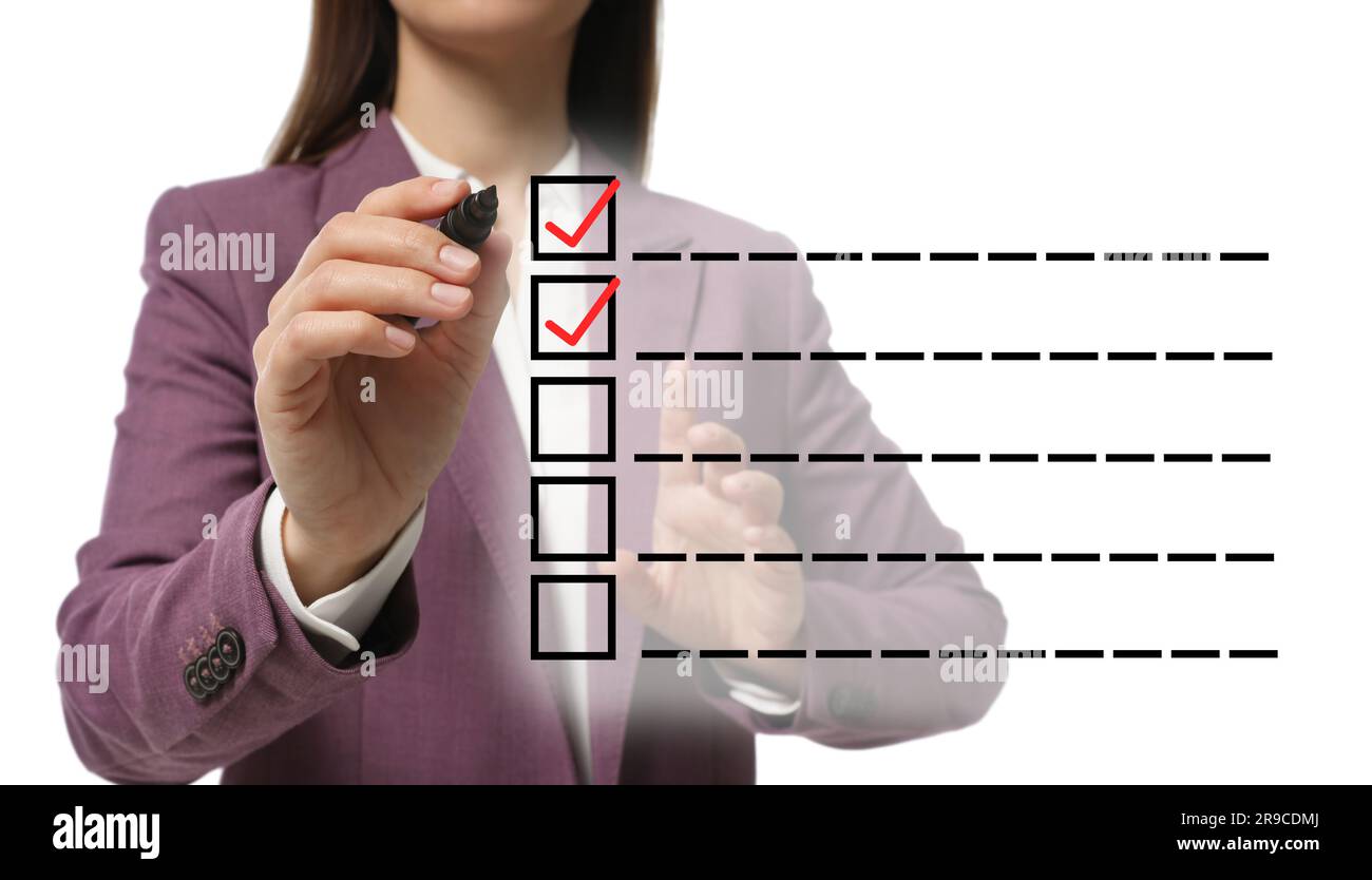 To Do List. Woman ticking check boxes with marker on virtual screen ...