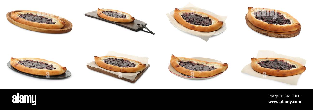 Collage of delicious sweet cottage cheese pastry with jam on white ...