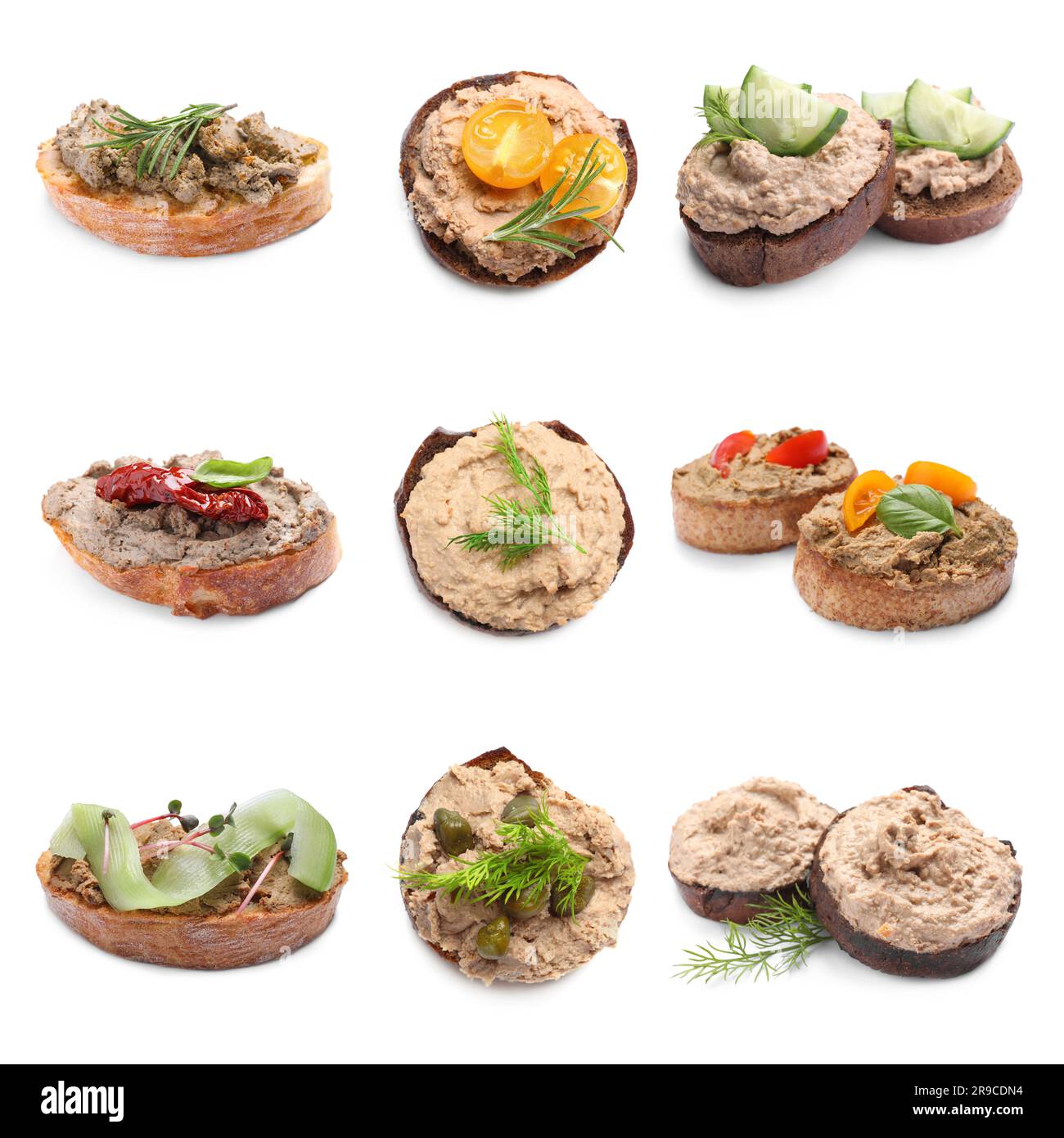 Slices of bread with tasty pate on white background, collage design ...