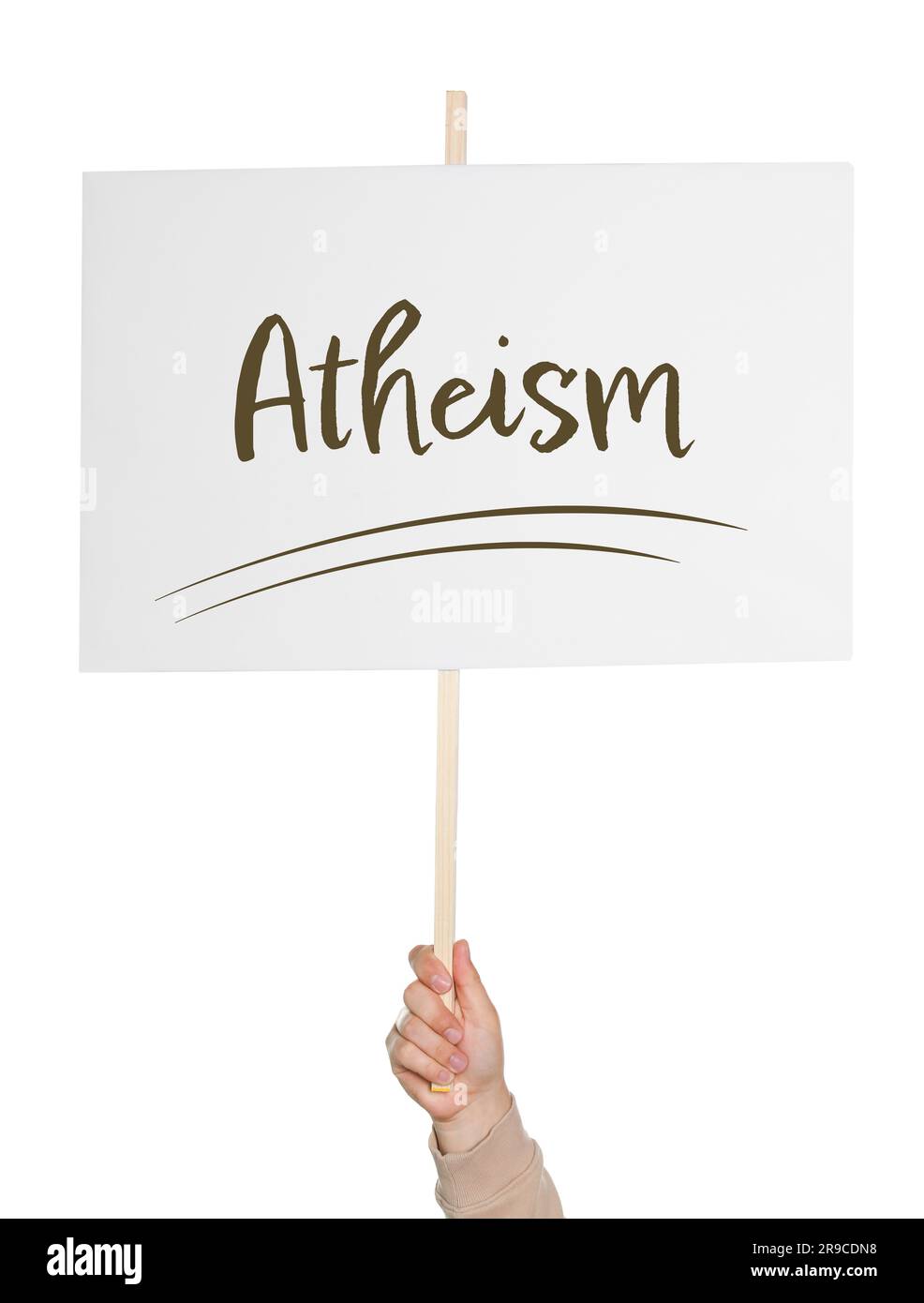 Man holding sign with word Atheism on white background, closeup Stock ...