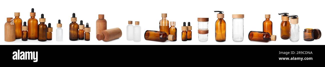 Collage with different bottles isolated on white Stock Photo - Alamy