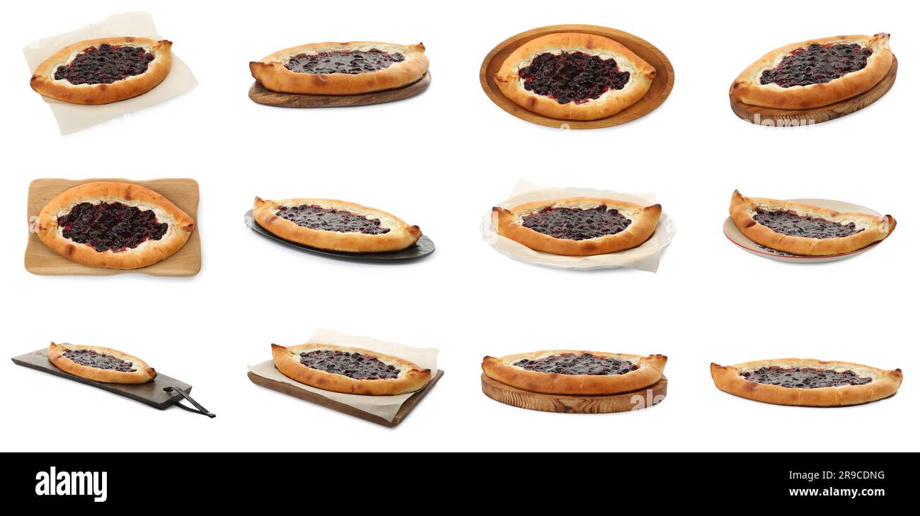 Collage of delicious sweet cottage cheese pastry with jam on white ...