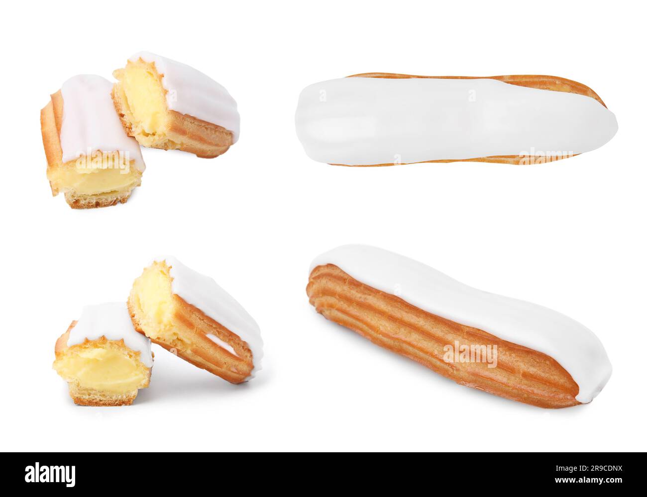 Collage with tasty glazed eclairs on white background, different sides ...