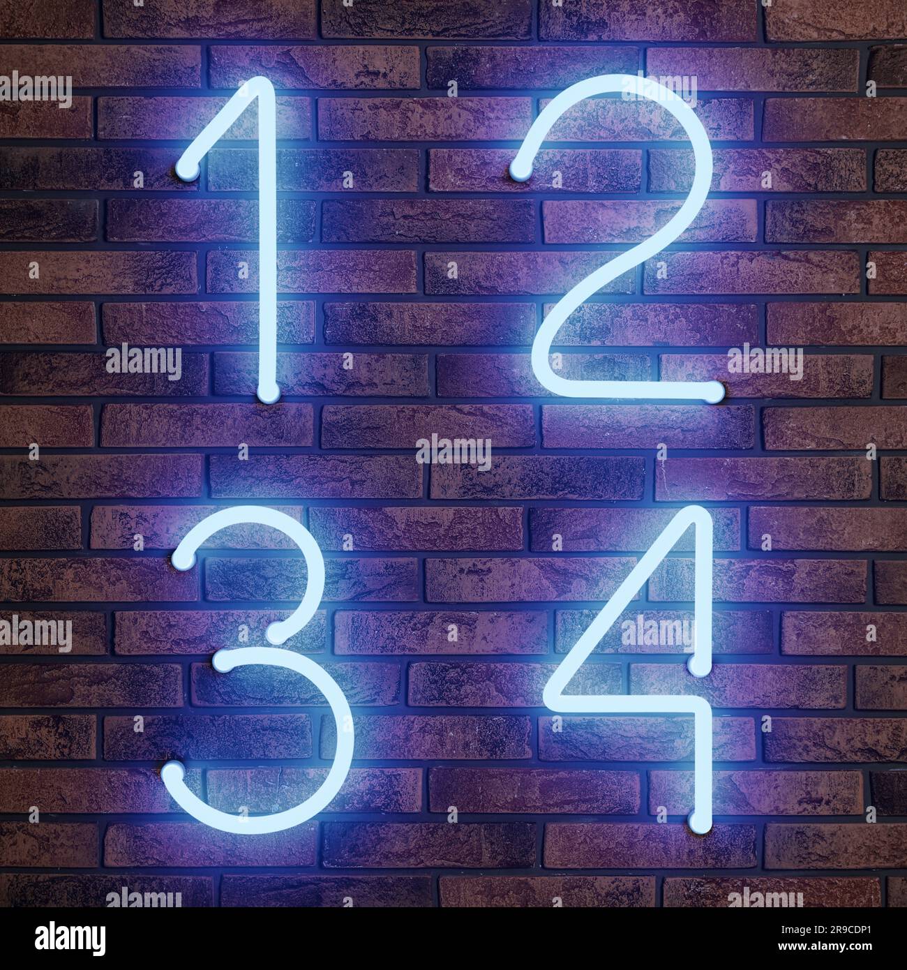 Glowing neon number (1, 2, 3, 4) signs on brick wall Stock Photo - Alamy