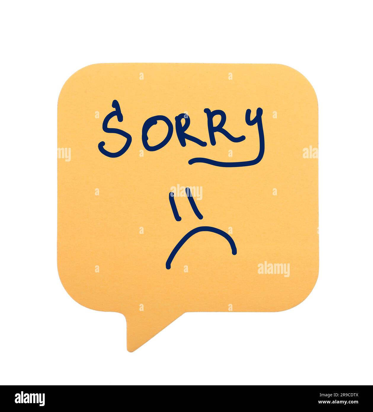 Apology. Sticky note with word Sorry and drawn sad face on white ...