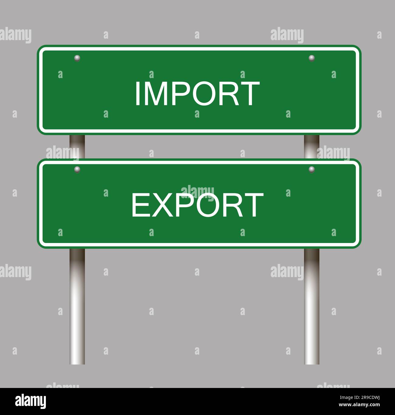 Import Export rectangle shaped green road sign on light grey background ...