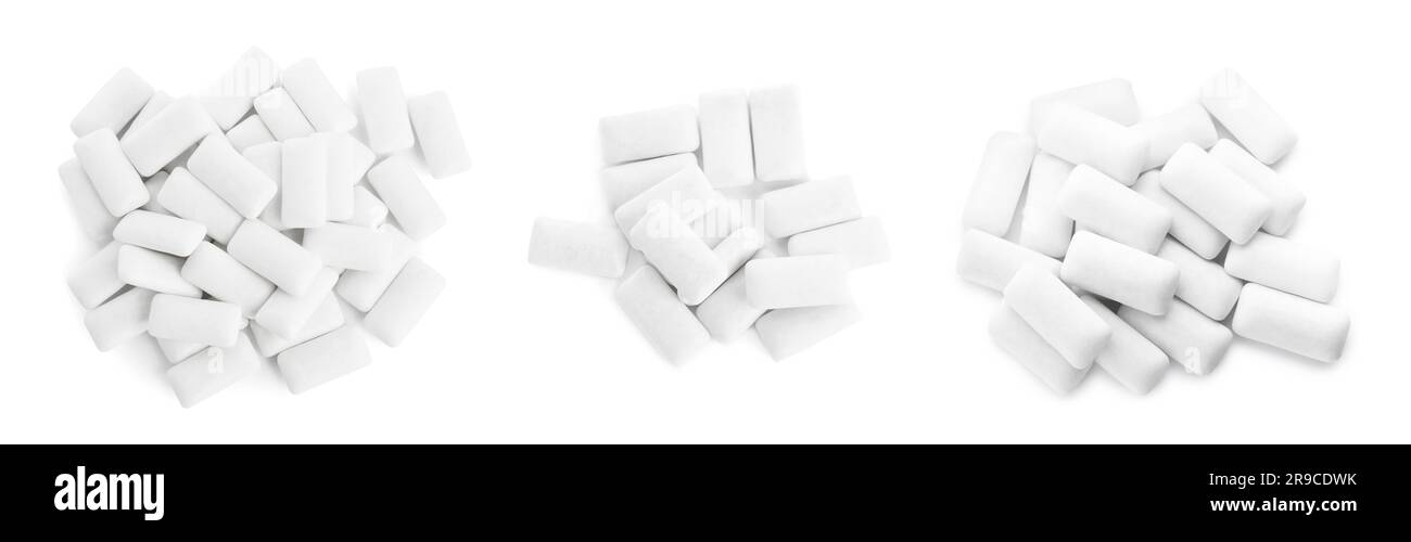 Piles of chewing gum pads on white background, top view. Collage design ...