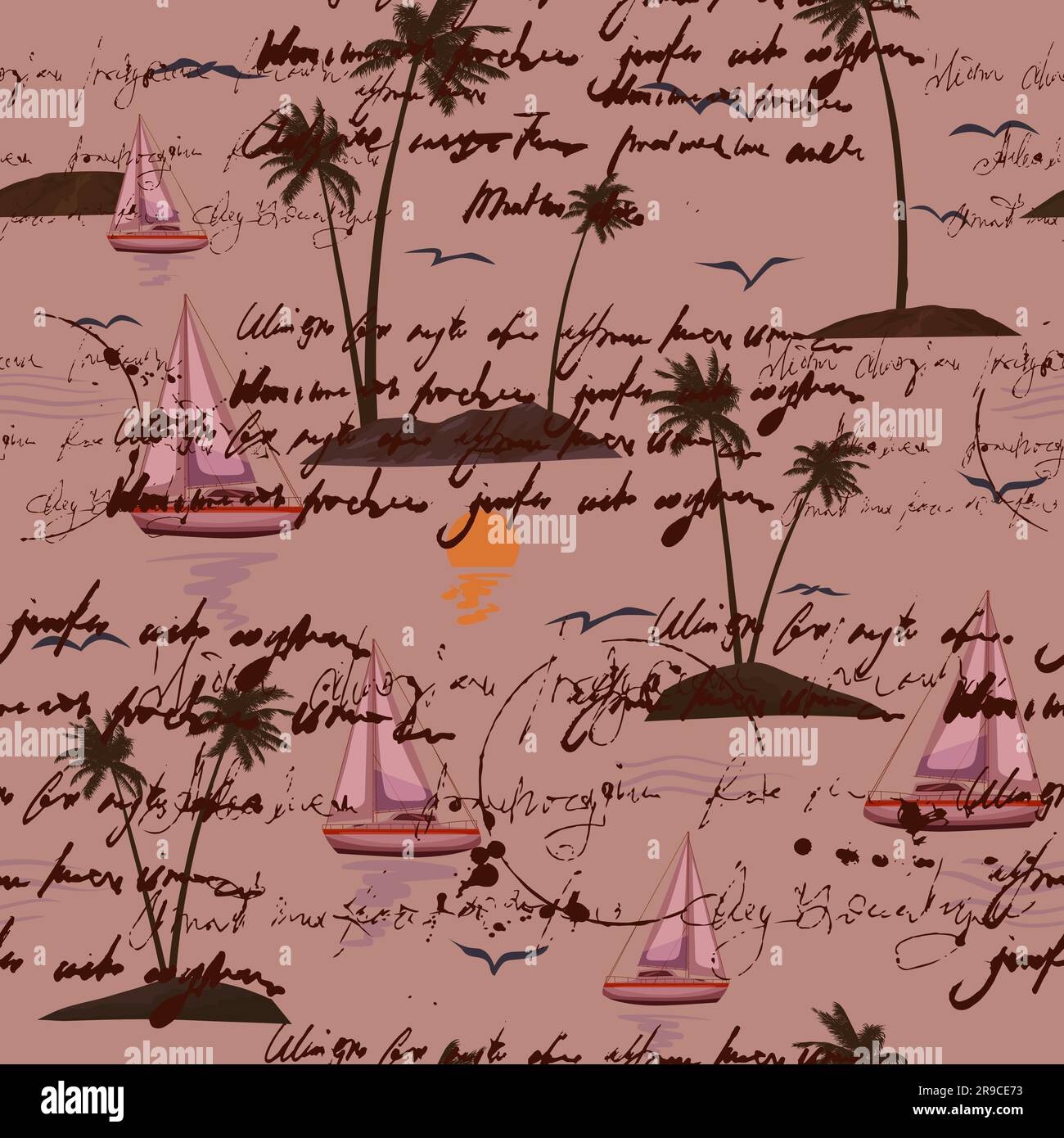 Sailboat seamless pattern, unreadable text, handwritten notes, palm ...