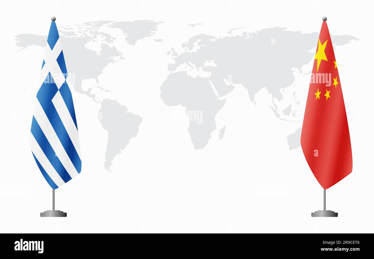 Greece and China flags for official meeting against background of world ...