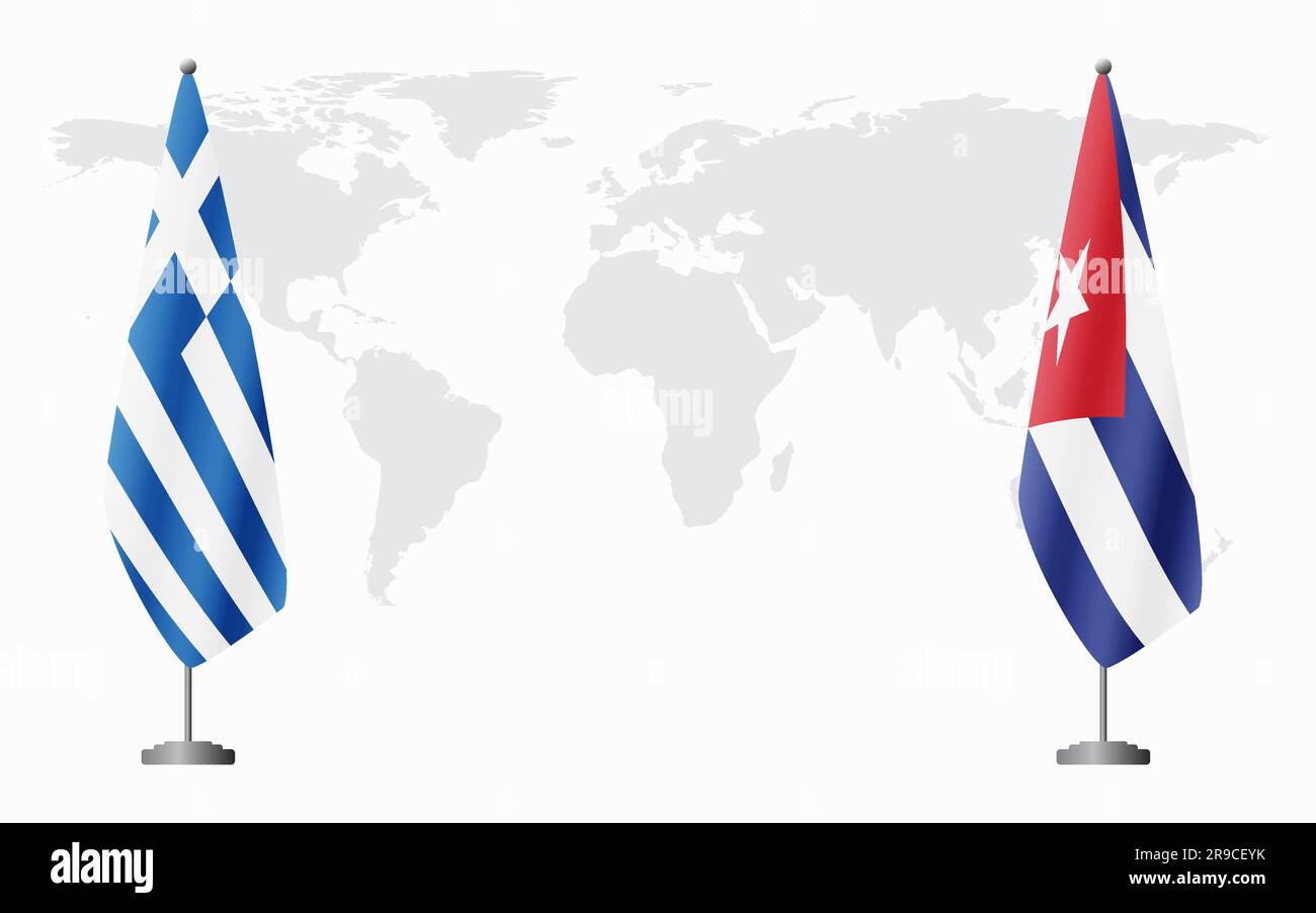 Greece and Cuba flags for official meeting against background of world ...