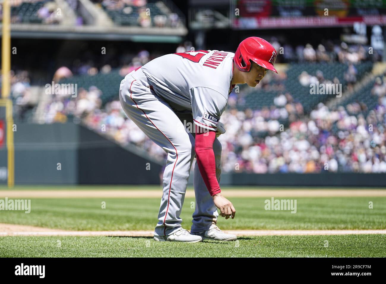 Shohei Ohtani of the Los Angeles Angels picks up trash on the field ...