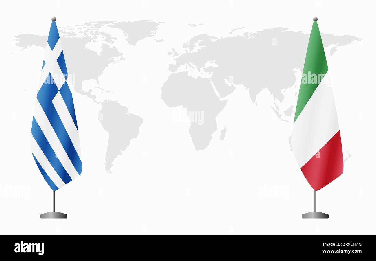 Greece and Italy flags for official meeting against background of world ...