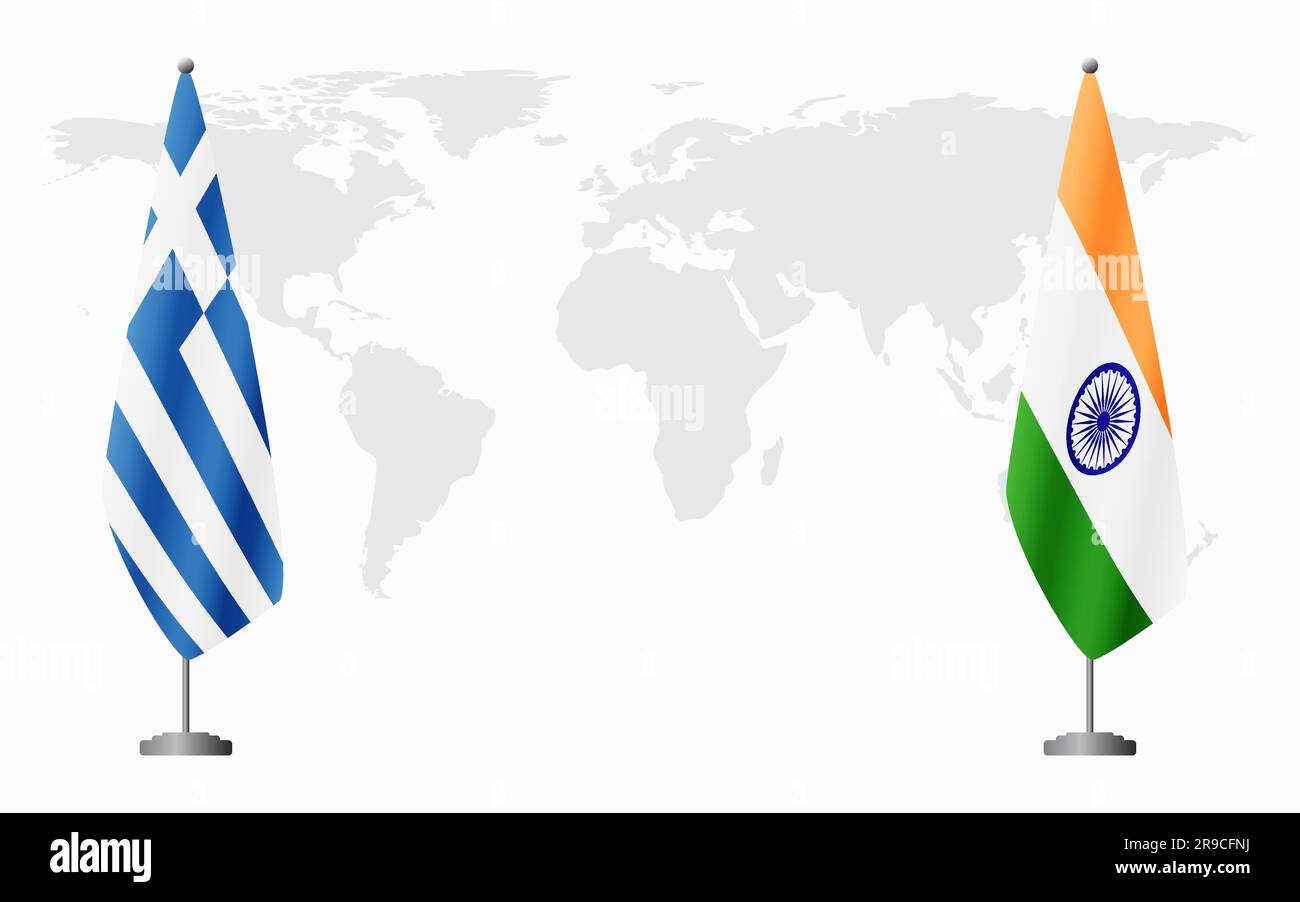 Greece and India flags for official meeting against background of world ...
