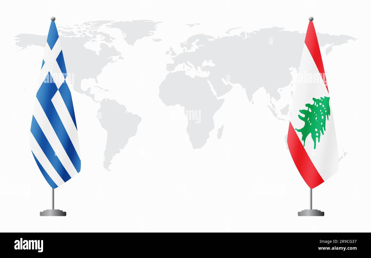 Greece and Lebanon flags for official meeting against background of ...