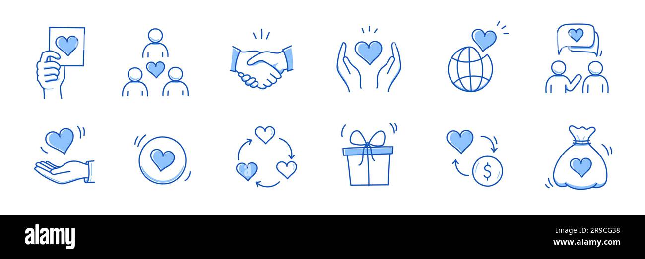 Charity hand, heart, community love doodle line icon. Charity community ...