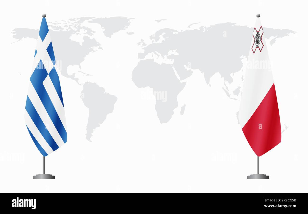 Greece and Malta flags for official meeting against background of world ...