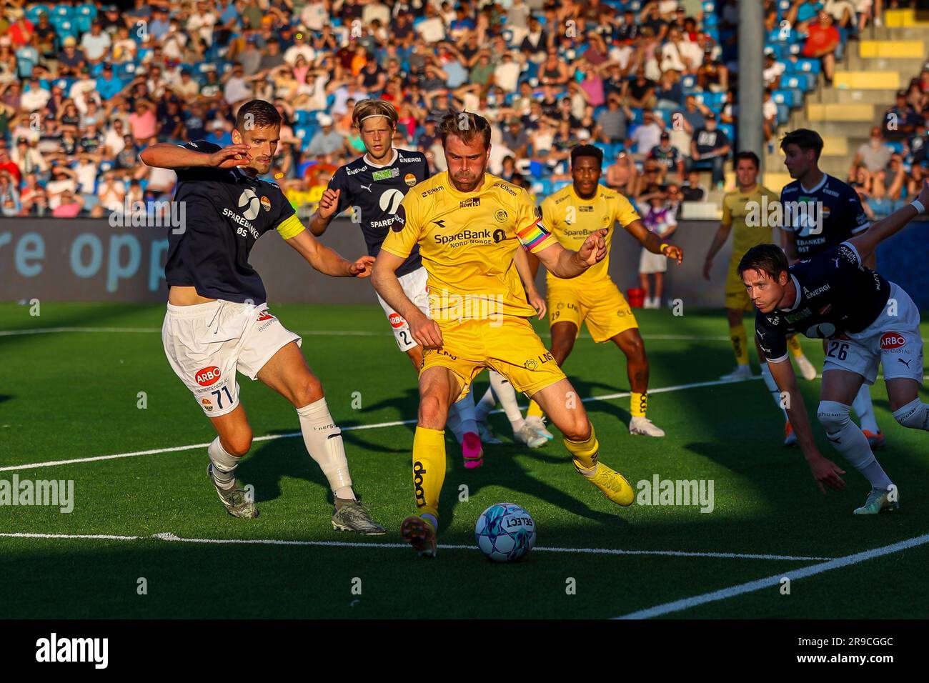 Drammen, Norway, 25th June 2023. Bodø/Glimt's Brede Moe is challanged ...