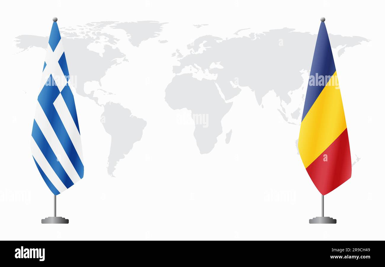 Greece and Romania flags for official meeting against background of ...