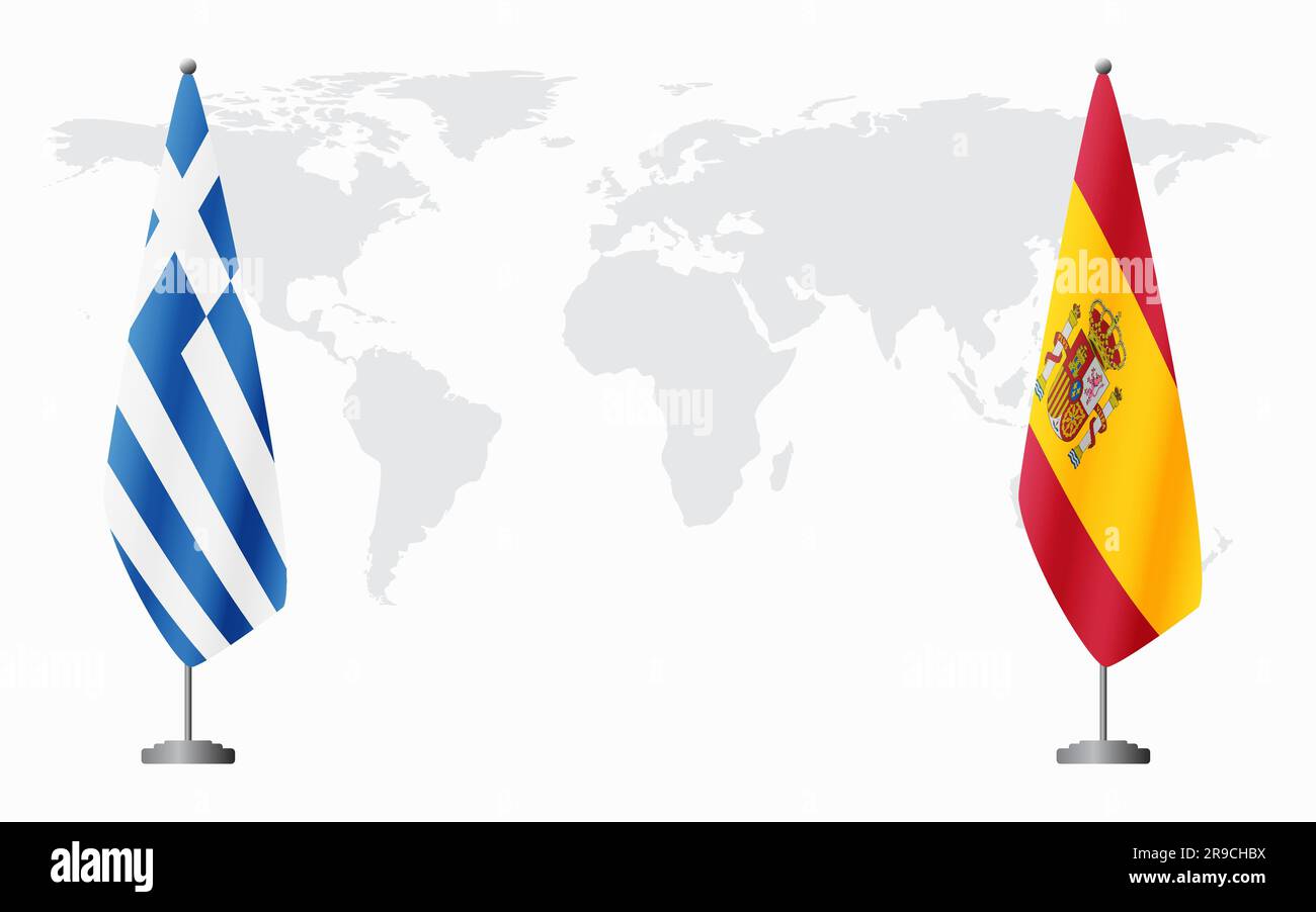 Greece and Spain flags for official meeting against background of world ...