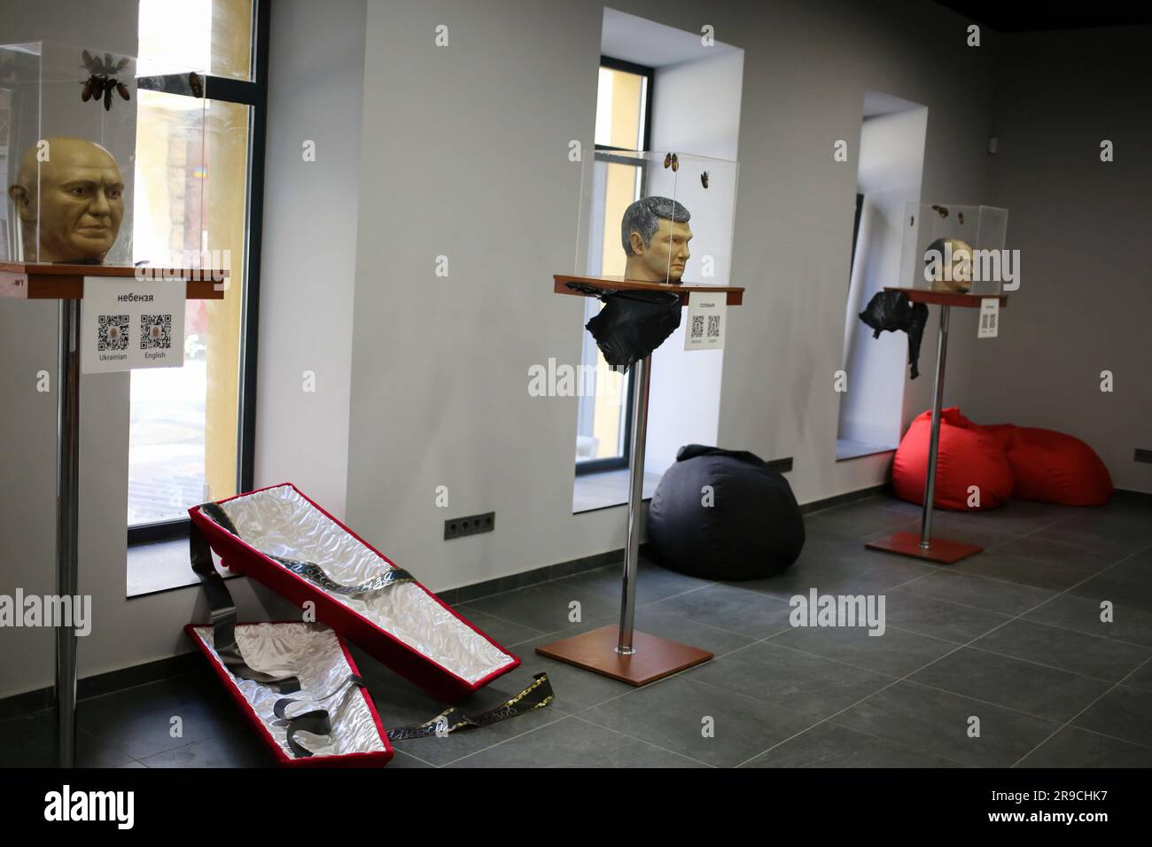 Odessa, Ukraine. 24th June, 2023. Exhibits of the exhibition "Heads" by Anton Tkachenko are ...