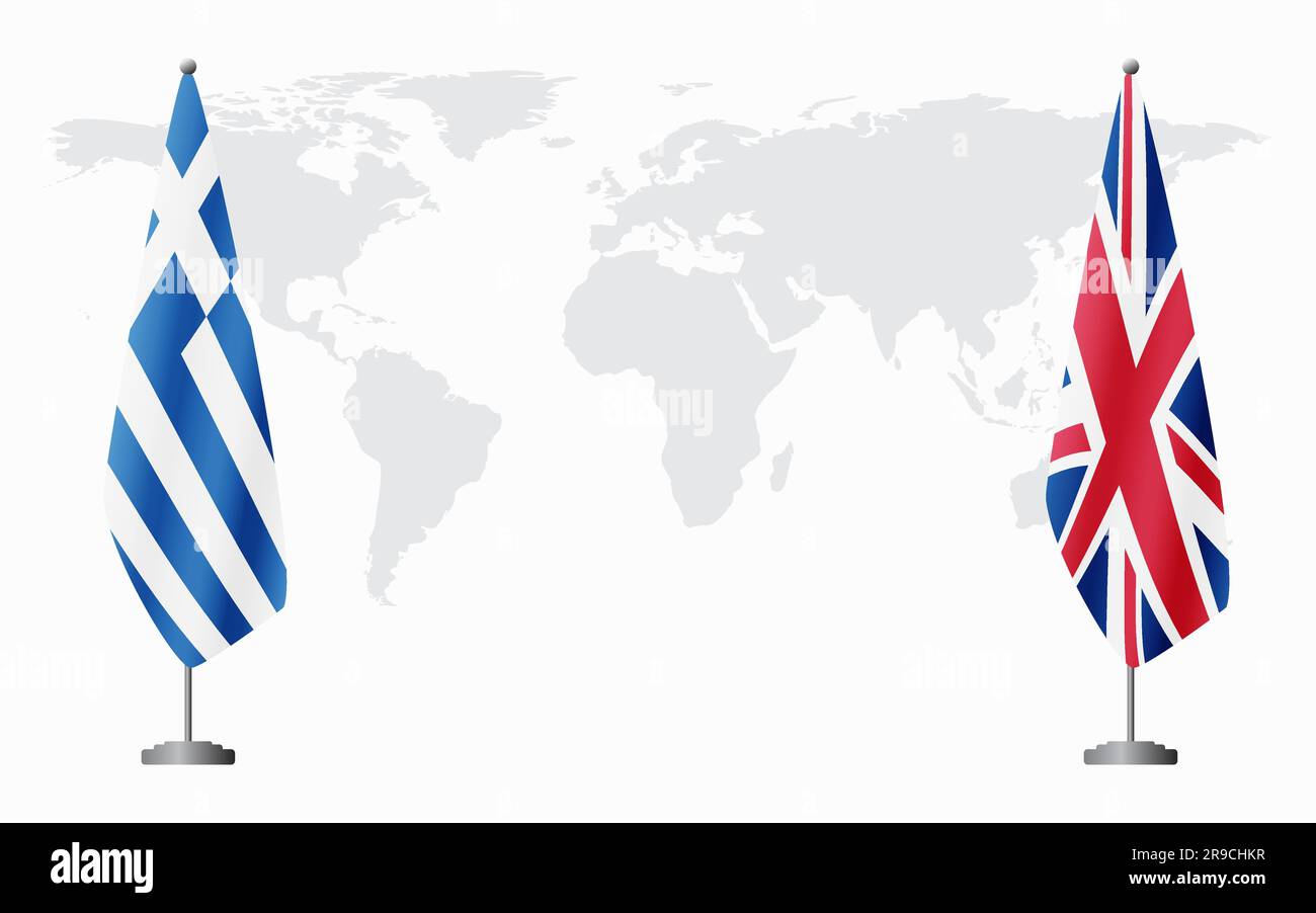 Greece and United Kingdom flags for official meeting against background ...