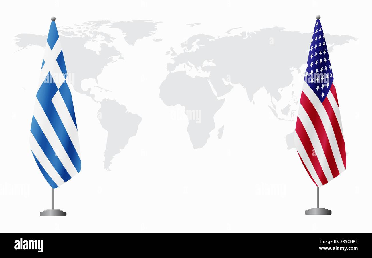 Greece and USA flags for official meeting against background of world ...
