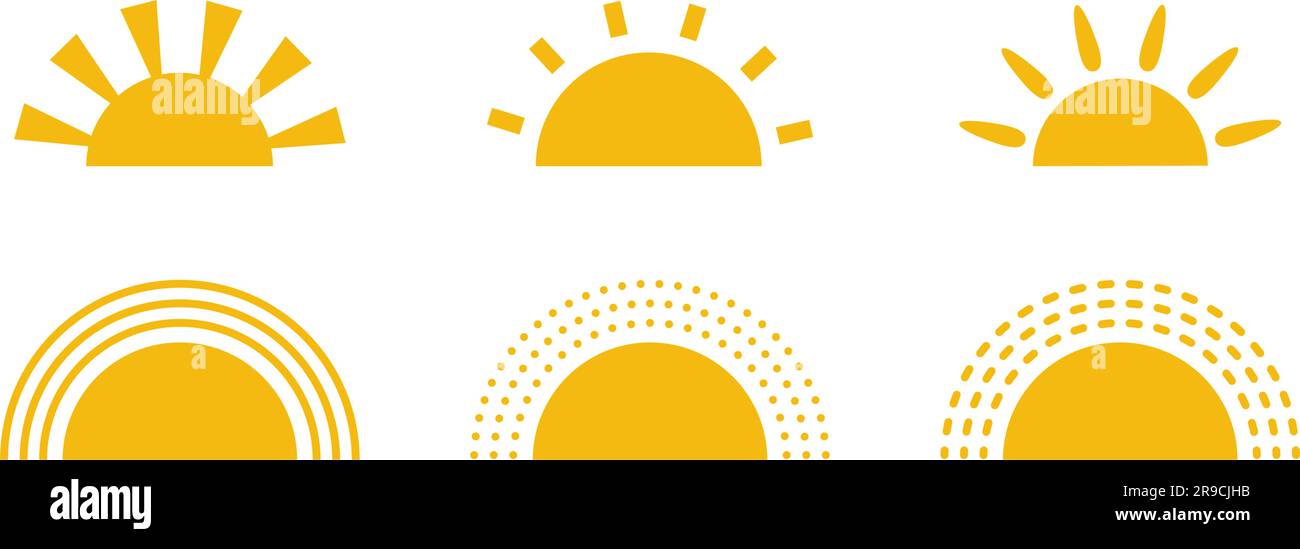 Yellow half sun icons set in flat style. Sunset simple graphic symbols ...