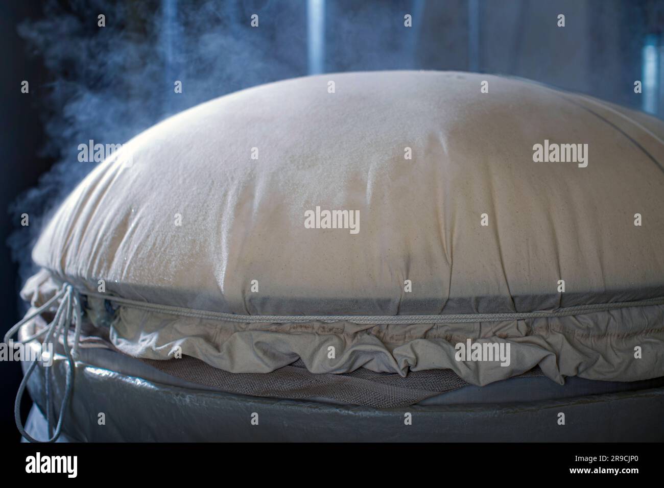 Producing Japanese sake/Steaming rice for sake at Akashi Sake Brewery ...