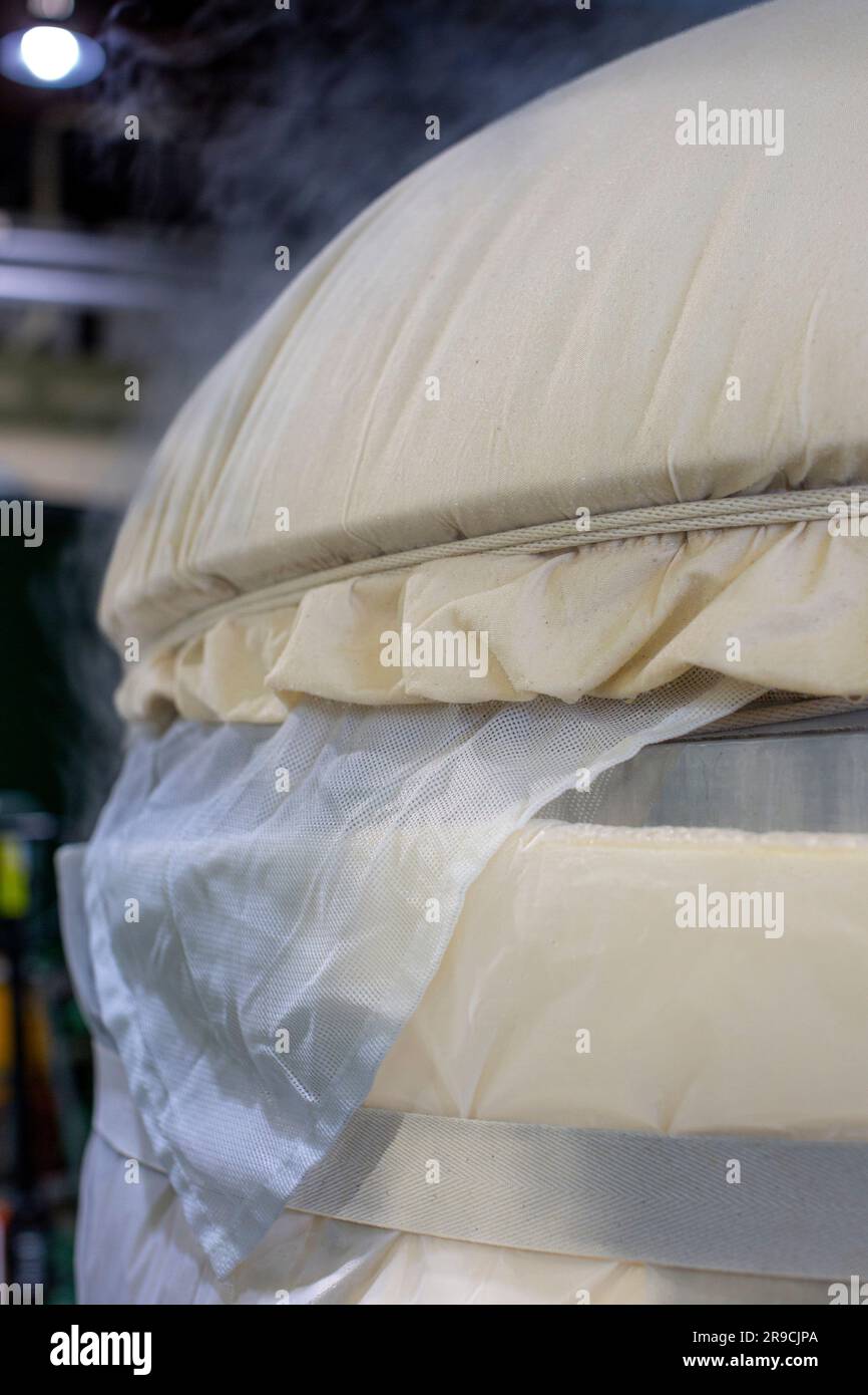 Producing Japanese sake/Steaming rice for sake at Akashi Sake Brewery ...