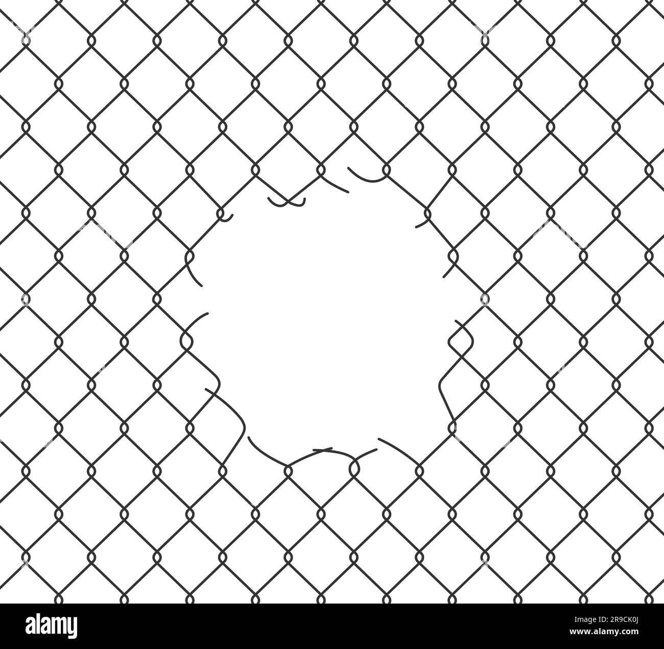 Broken wire mesh fence. Rabitz or chain link fence with cut hole. Torn ...