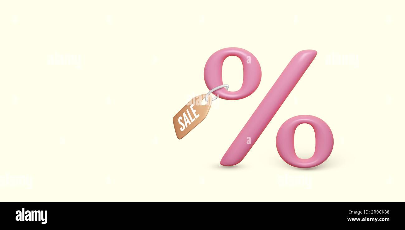 Discount offer banner. 3D pink percentege icon with price tag. Vector ...