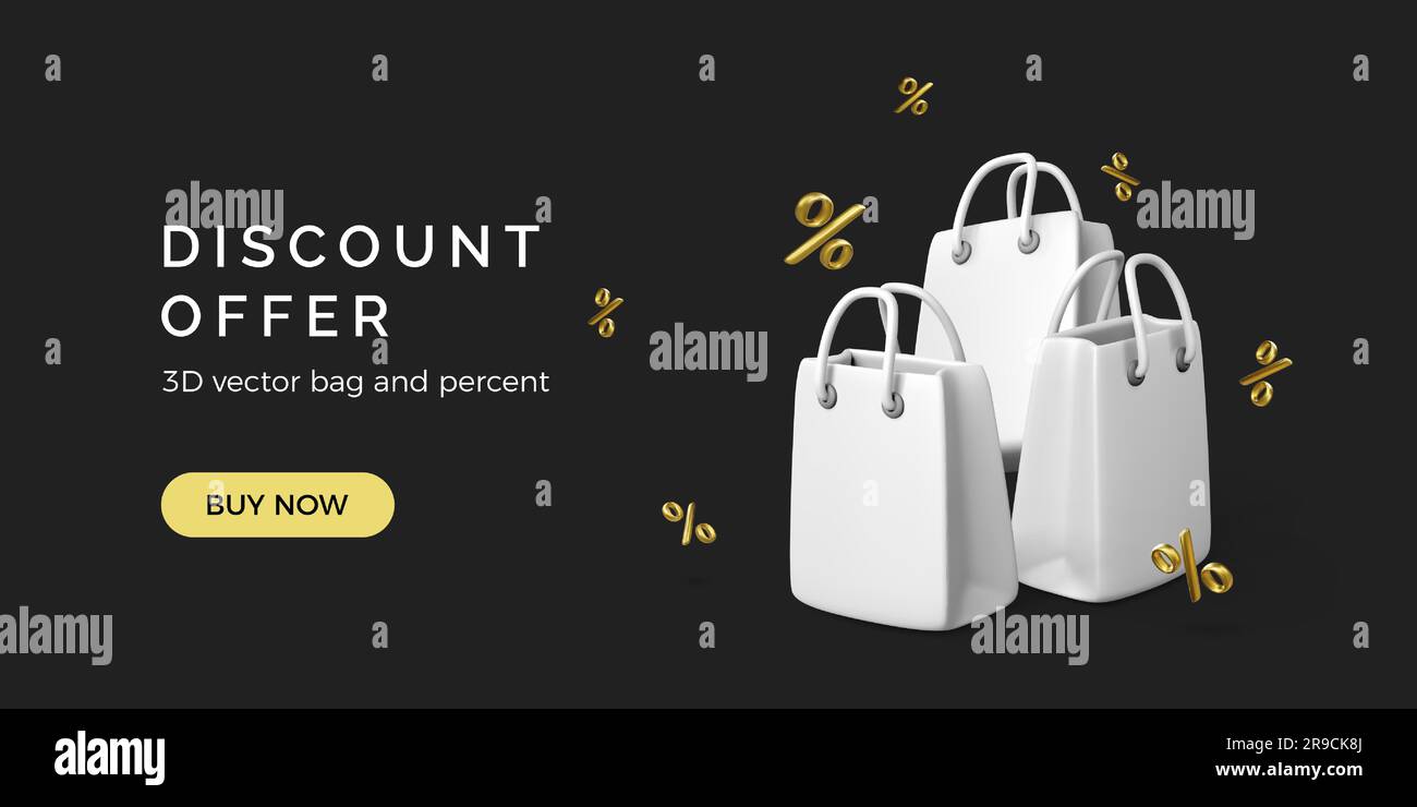 Discount offer banner. White 3D shopping bags with flying gold percent ...
