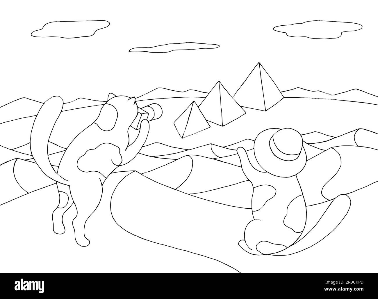 Cats take pictures of the pyramids in the desert graphic black white ...