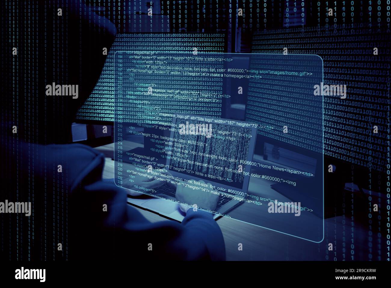 Cyber attack. Hacker working with computers and breaking system to steal information in dark ...