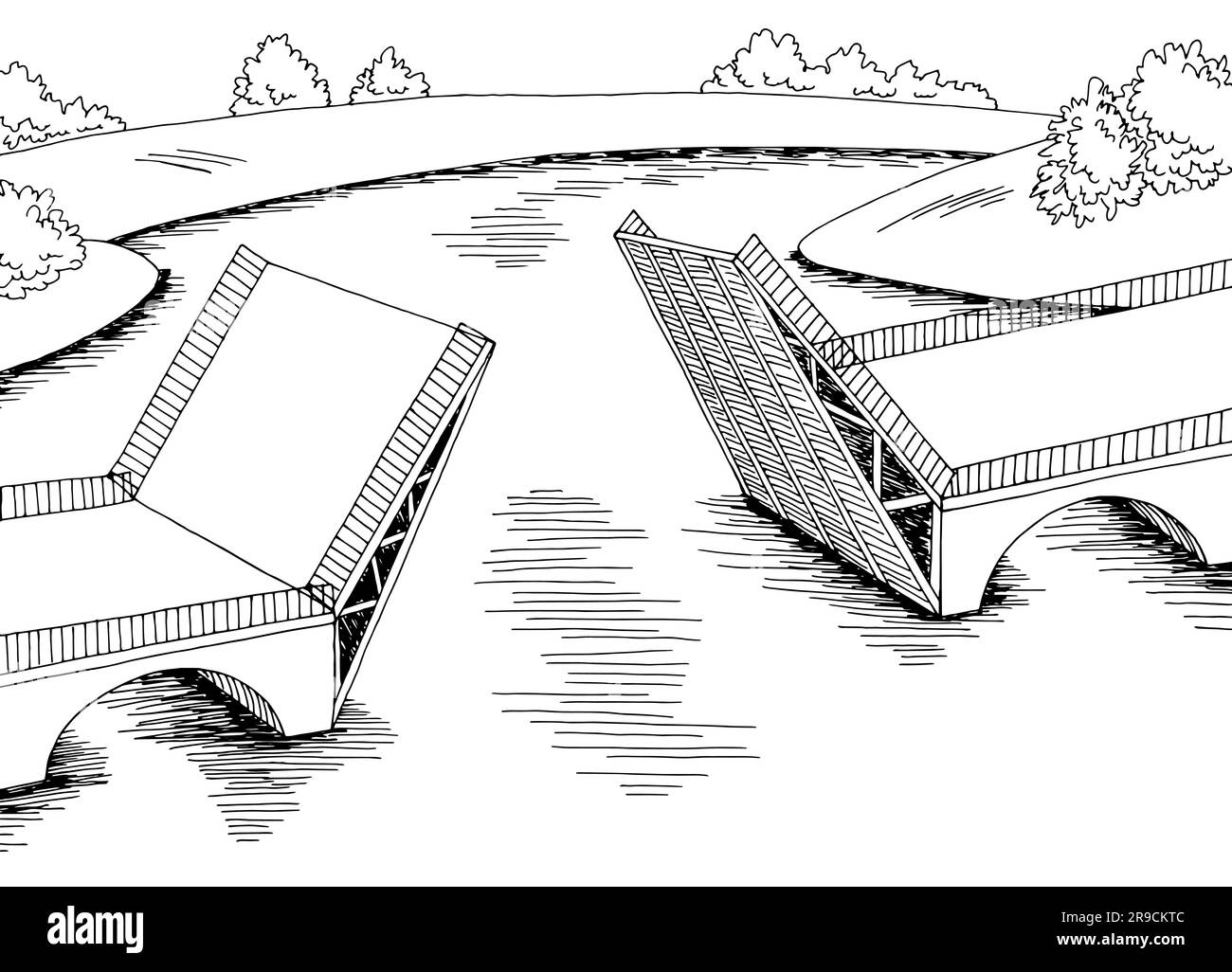 Drawbridge graphic river black white landscape sketch illustration ...