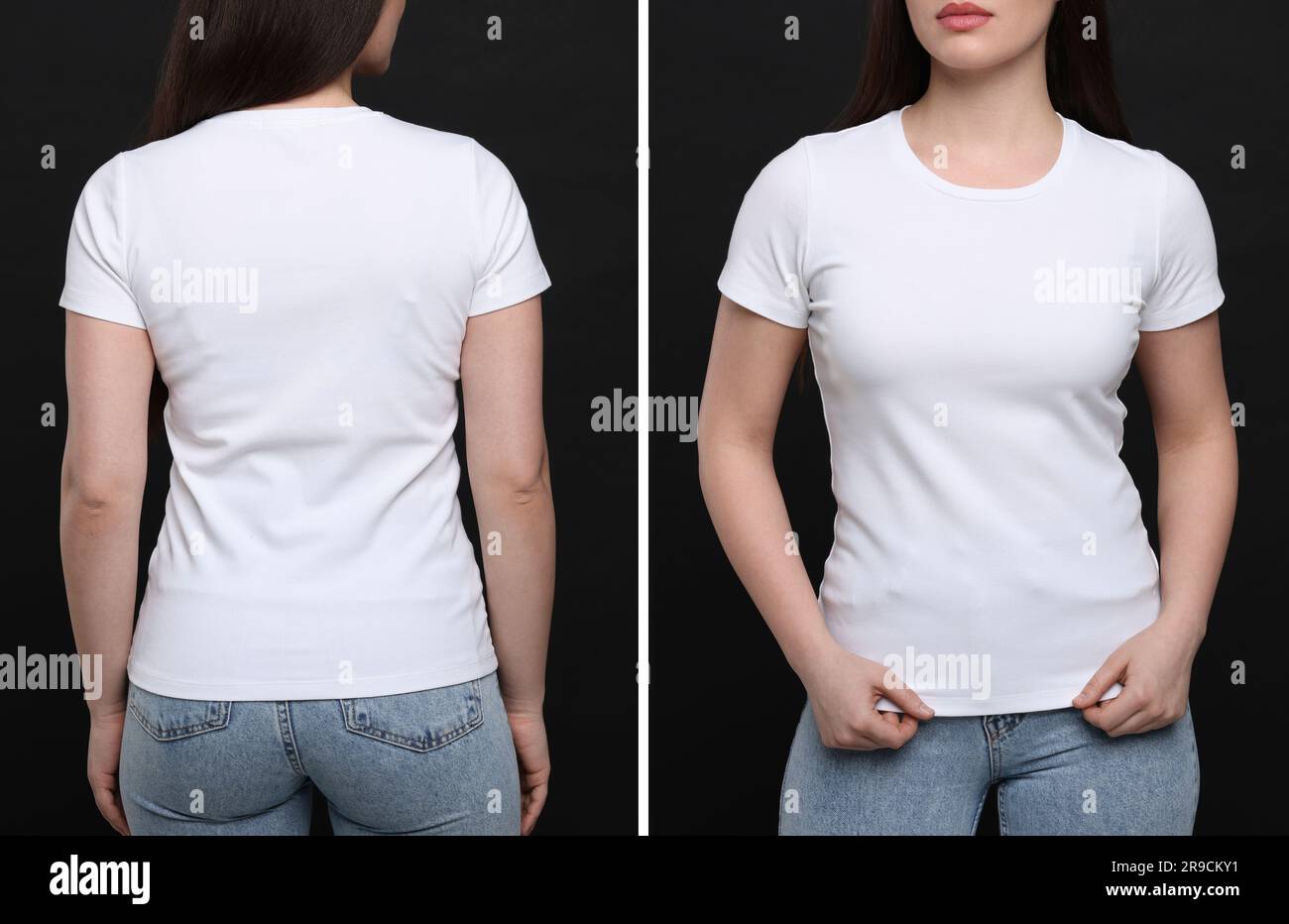 Woman wearing white t-shirt on black background, back and front views ...
