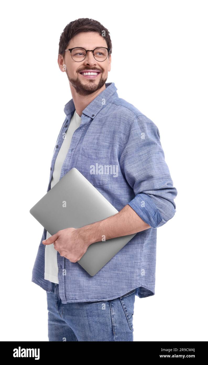 Happy man with laptop on white background Stock Photo - Alamy