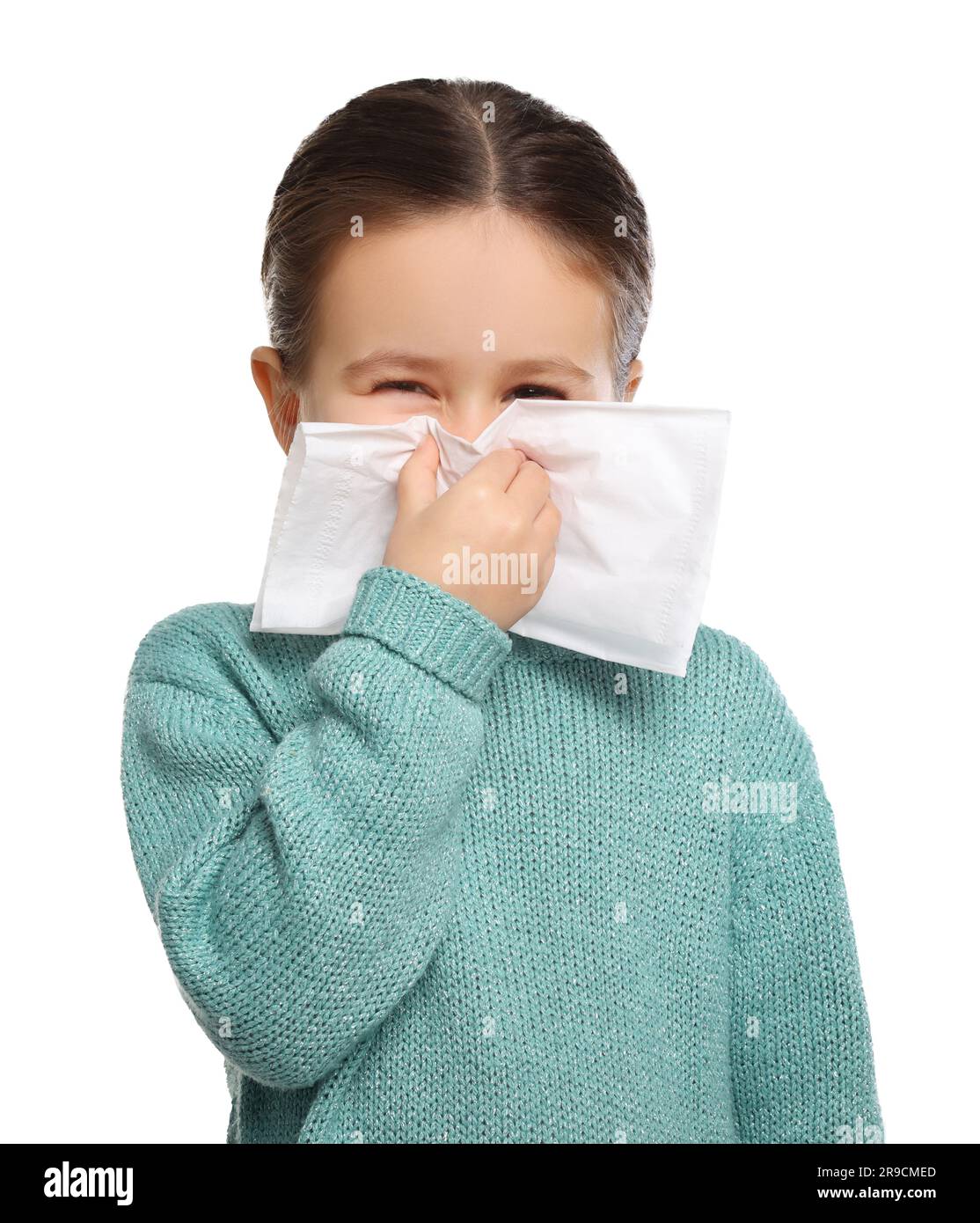 Girl blowing nose in tissue on white background, space for text. Cold ...