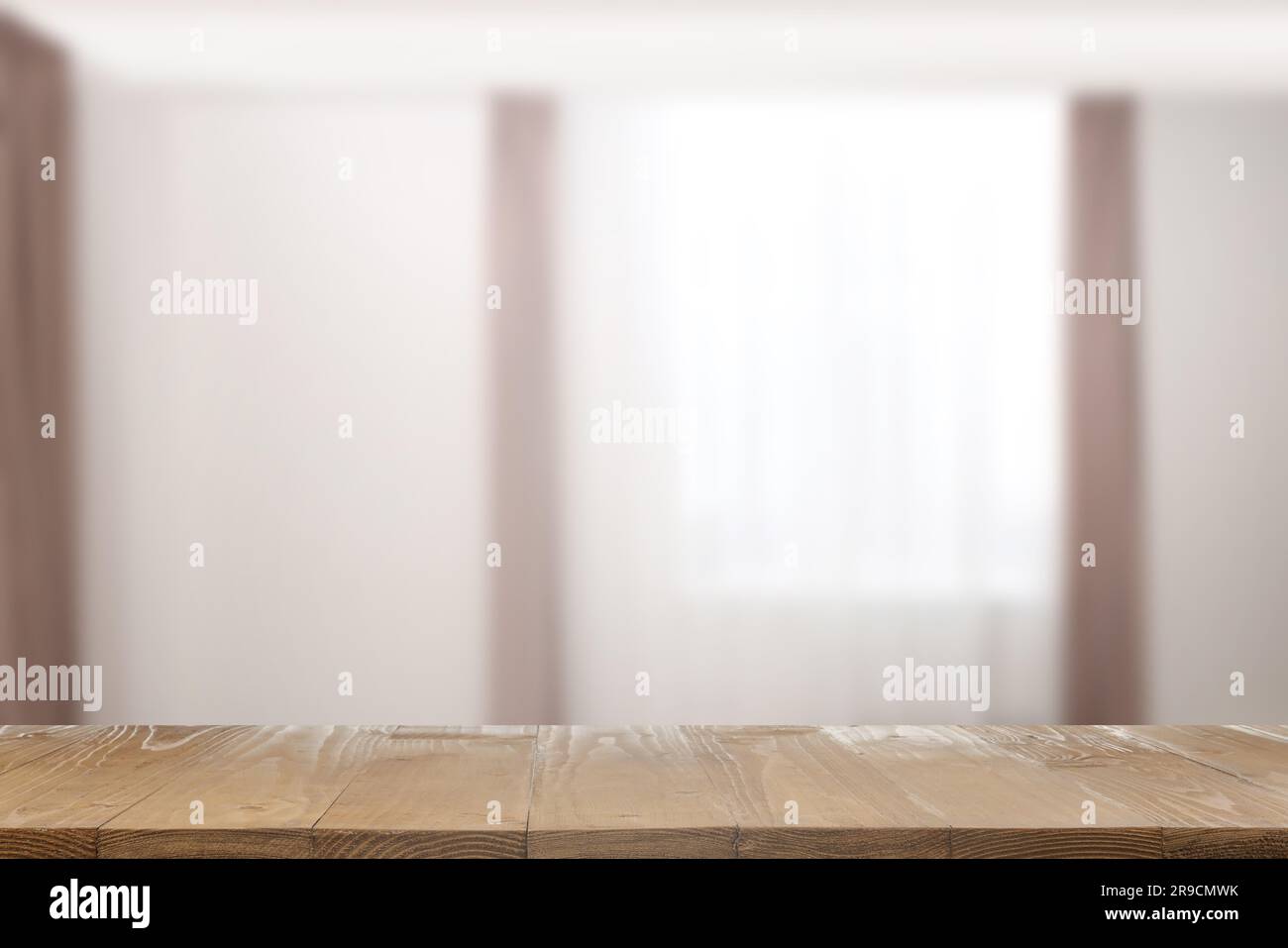 Empty wooden table against window with curtains. Space for design Stock ...