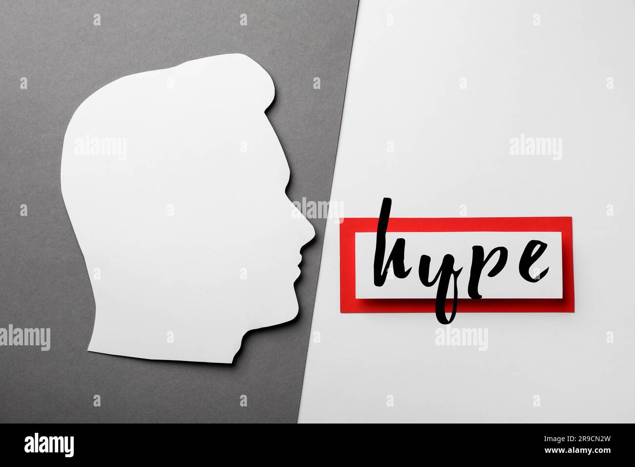 Card with word Hype and head paper cutout on color background, flat lay ...