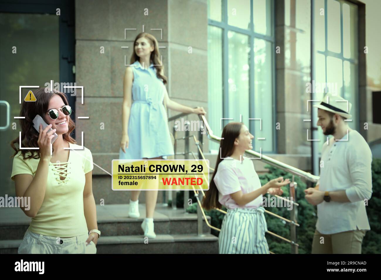 Facial recognition system identifying people on city street. AI giving ...