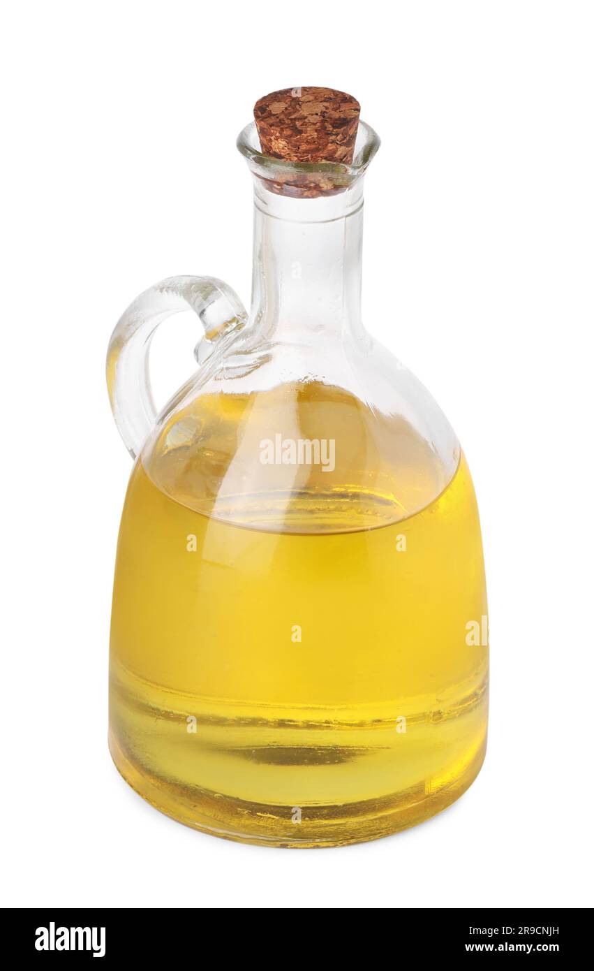 Glass jug of cooking oil isolated on white Stock Photo - Alamy
