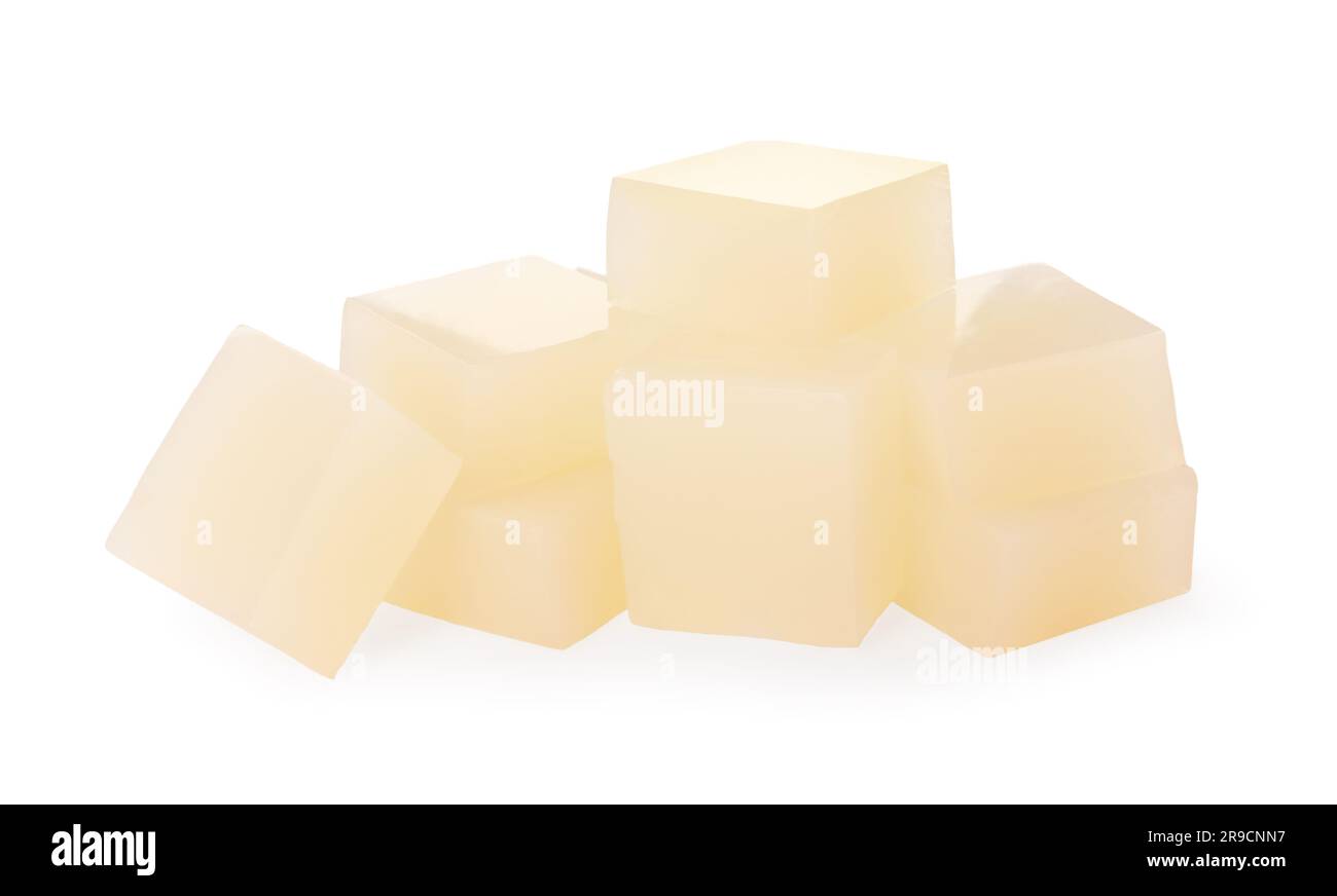 Many agar-agar jelly cubes on white background Stock Photo - Alamy
