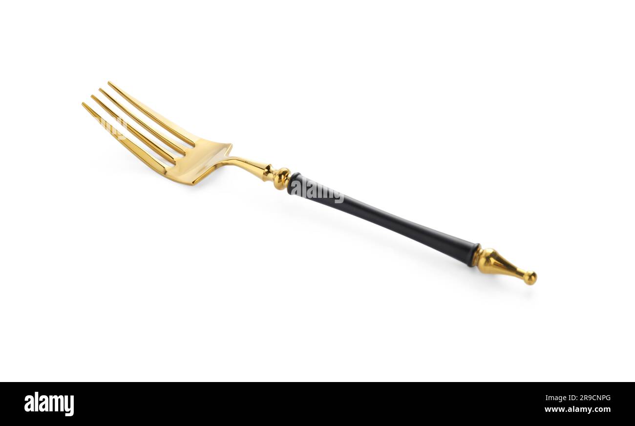 One shiny golden fork isolated on white Stock Photo - Alamy