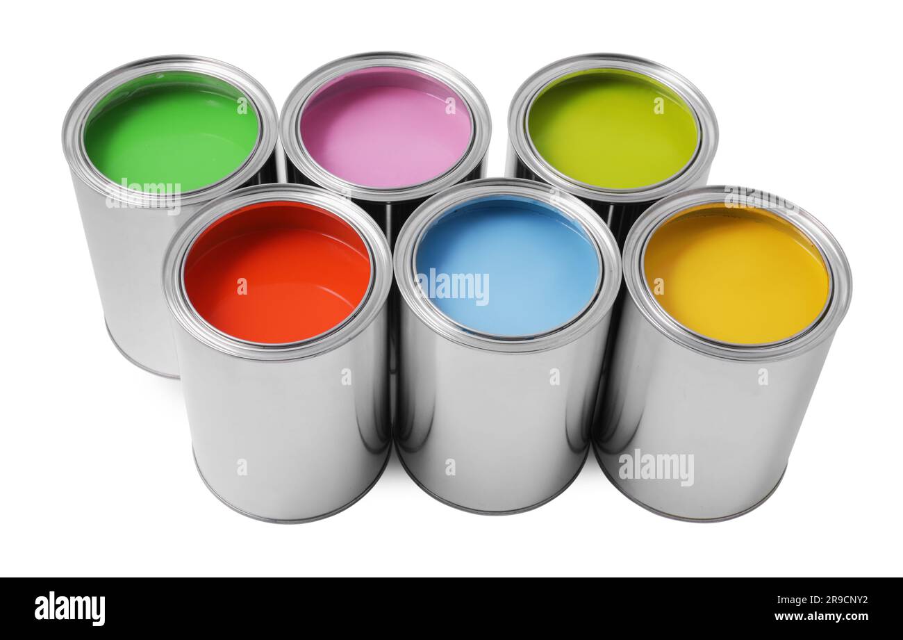 Cans of different paints on white background Stock Photo - Alamy