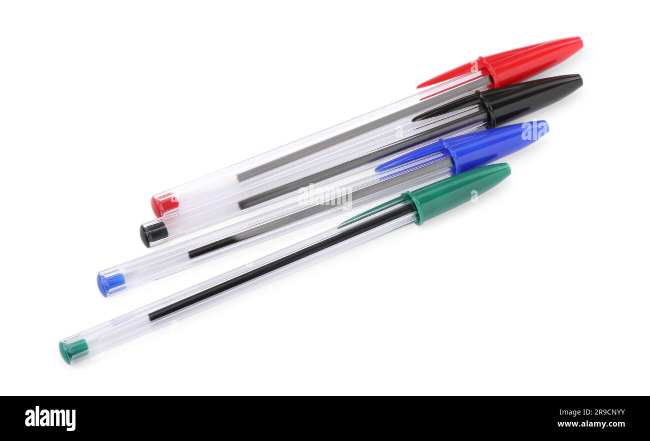 New color plastic pens isolated on white, top view Stock Photo - Alamy