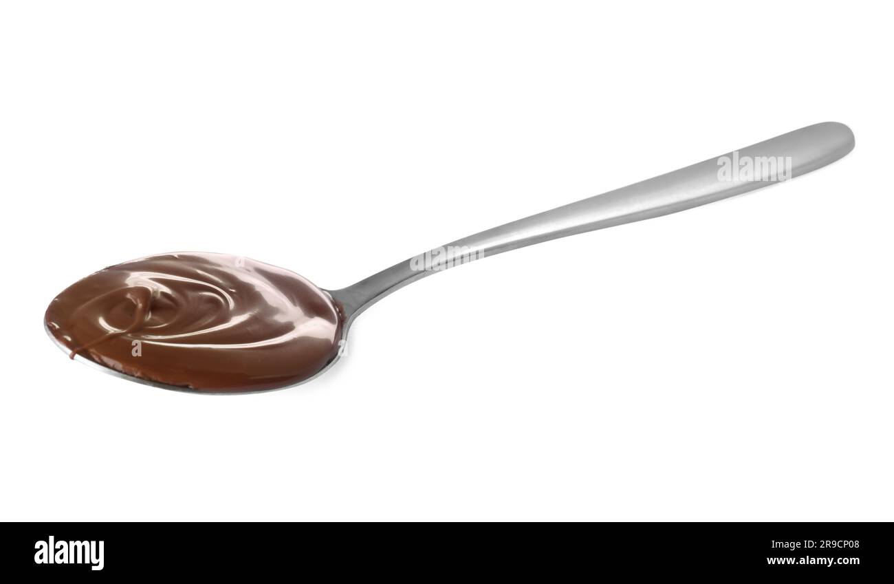 Spoon with delicious chocolate paste on white background Stock Photo ...