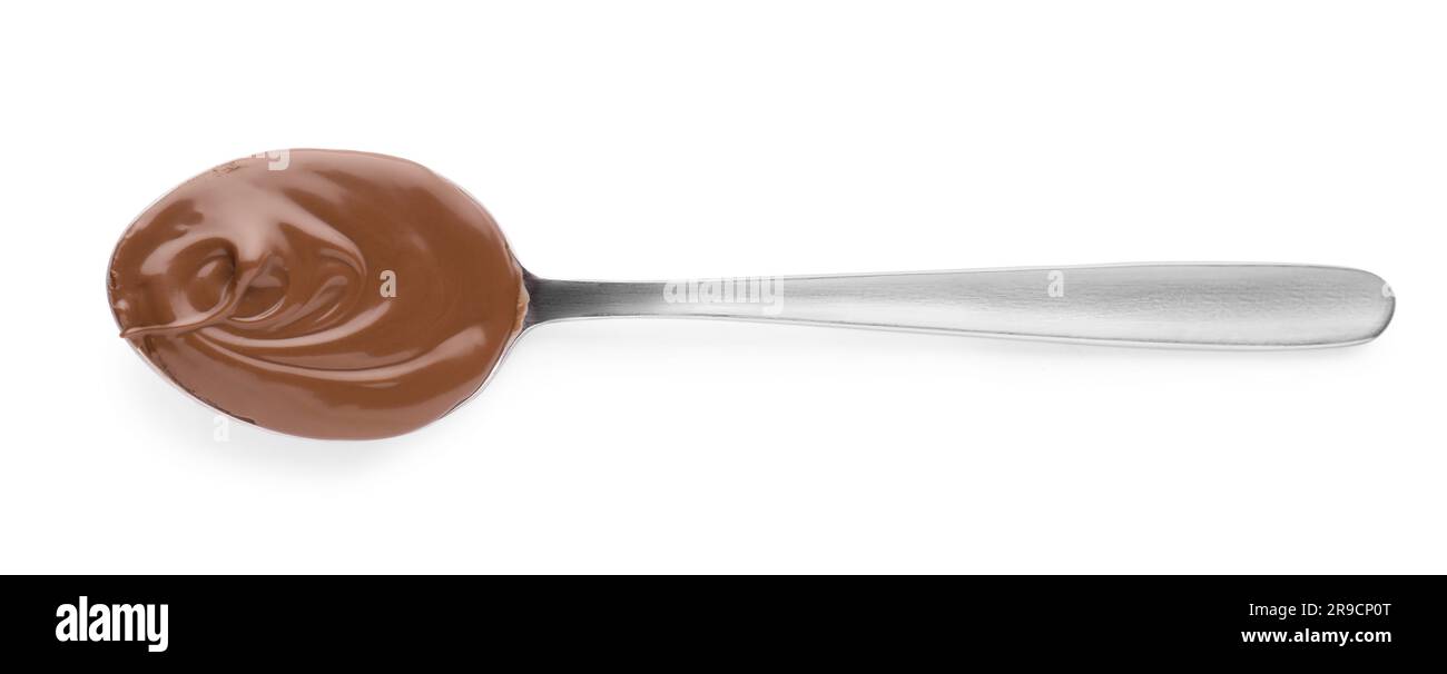 Spoon with delicious chocolate paste on white background, top view ...